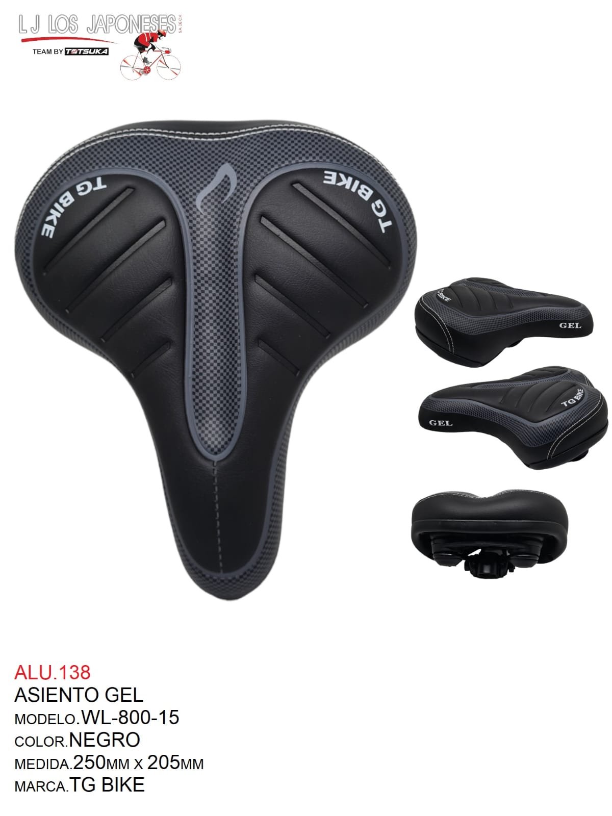 ASIENTO GEL NEGRO MOD.WL-800-15 COMFORT TG BIKE (250MMX205MM ...