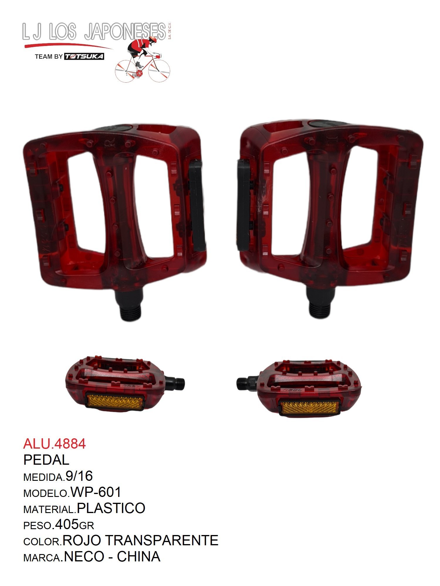 PEDAL 9/16 PLASTICO ROJO TRANSPARENTE WP-601 NECO - CHINA - Bicicletas ...