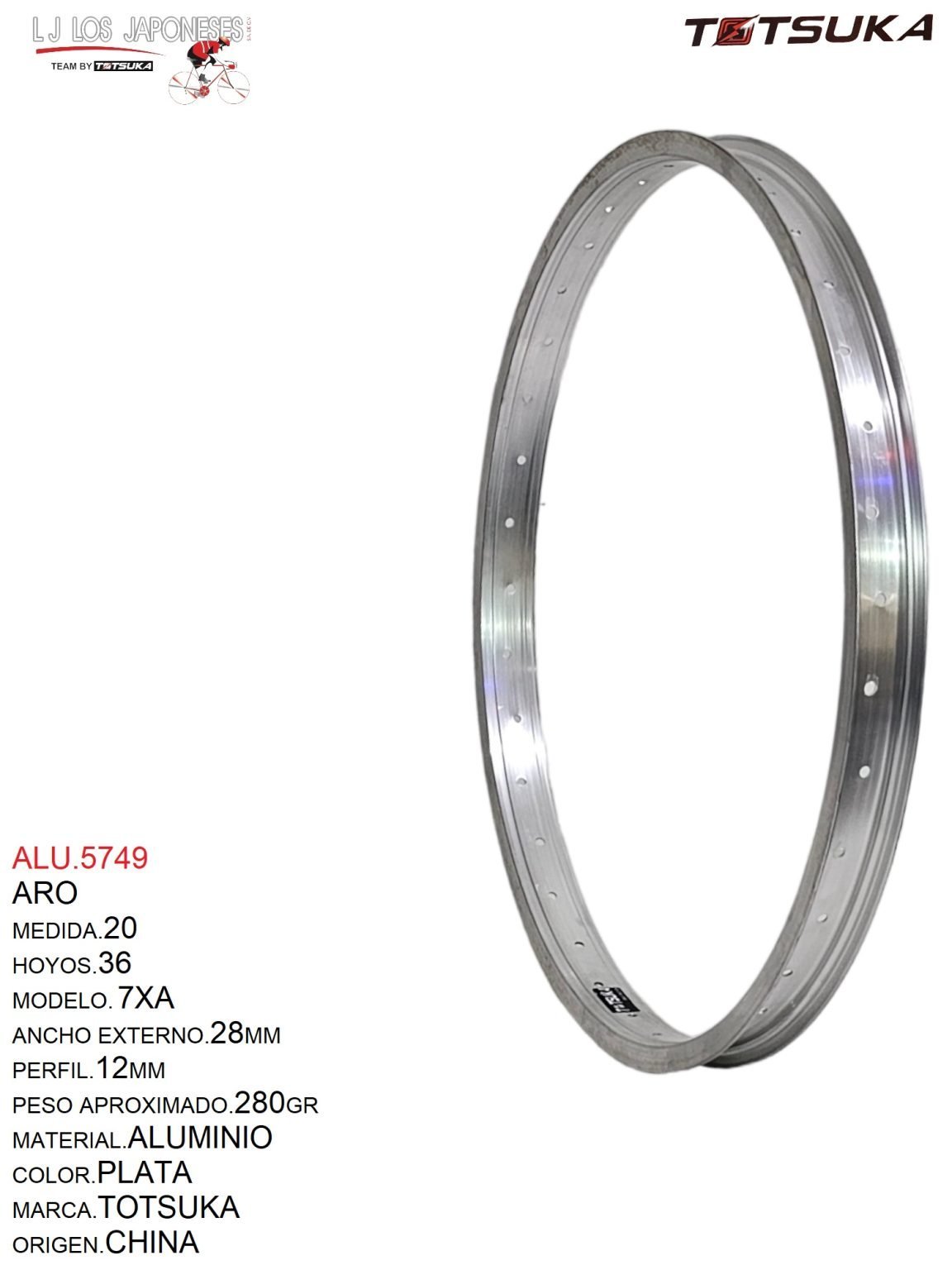 ARO 20X36 ALUMINIO PLATA 7XA ANCHO TOTSUKA - Bicicletas Los Japoneses