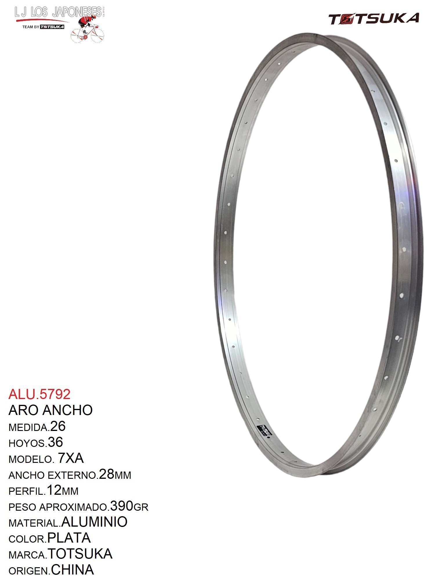 ARO 26X36 ALUMINIO PLATA ANCHO MOD.7XA TOTSUKA - Bicicletas Los Japoneses