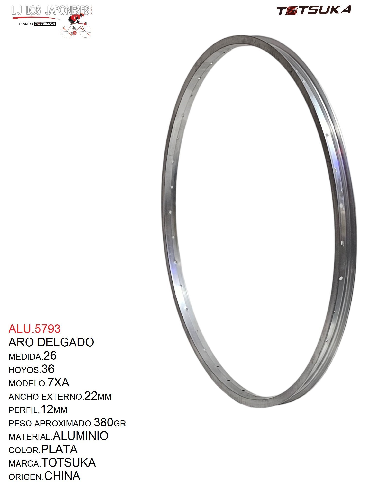 ARO 26X36 ALUMINIO PLATA DELGADO TOTSUKA - Bicicletas Los Japoneses