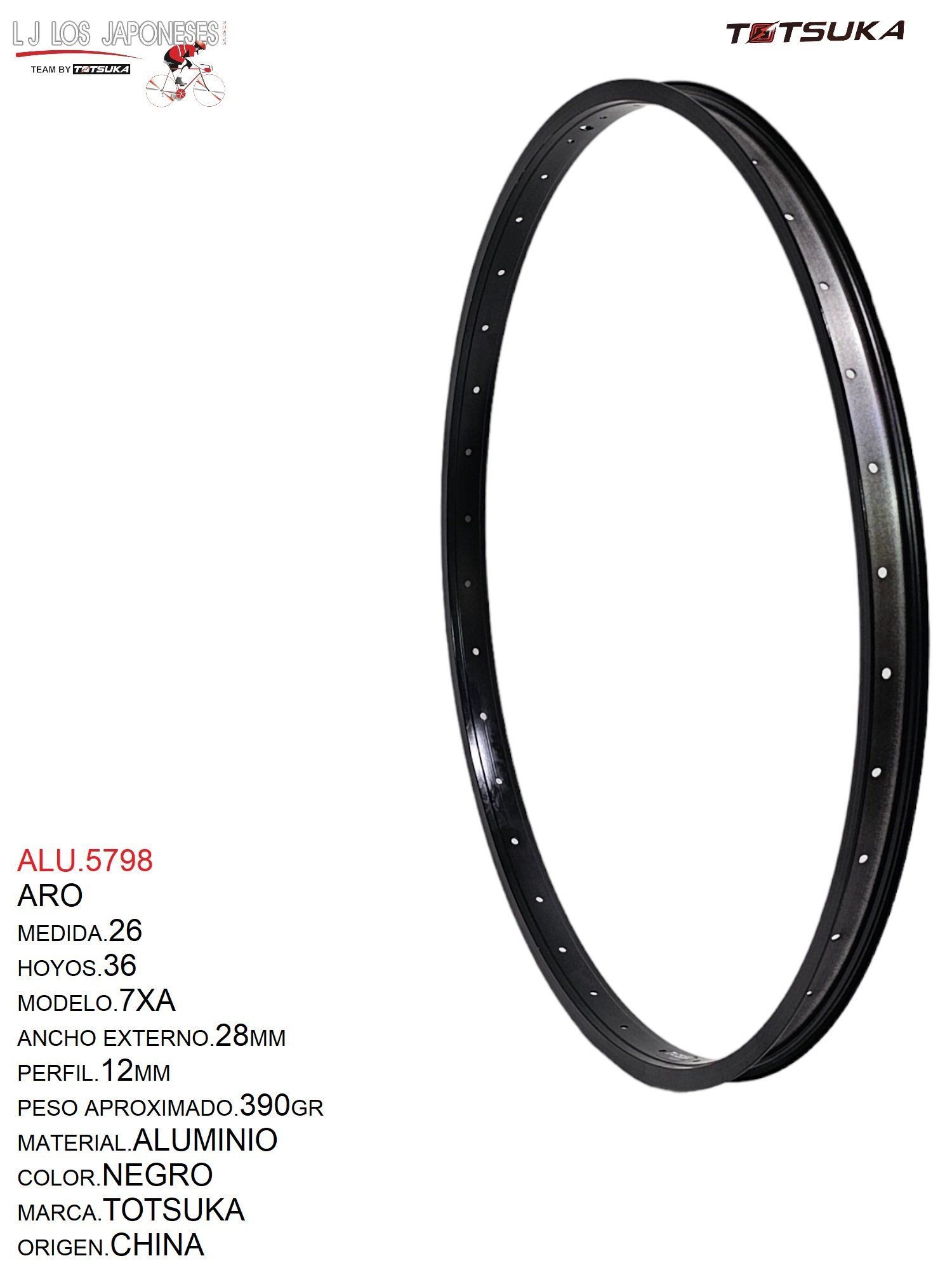 ARO 26X36 ALUMINIO NEGRO ANCHO MOD.7XA TOTSUKA - Bicicletas Los Japoneses