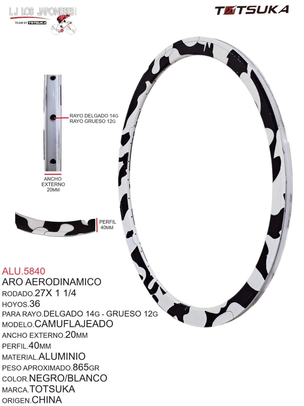 Aro Aerodinámico Rodado 27 x 1 1/4, 36 Hoyos, Para Rayo Delgado 14G - Grueso 12G, Modelo ...