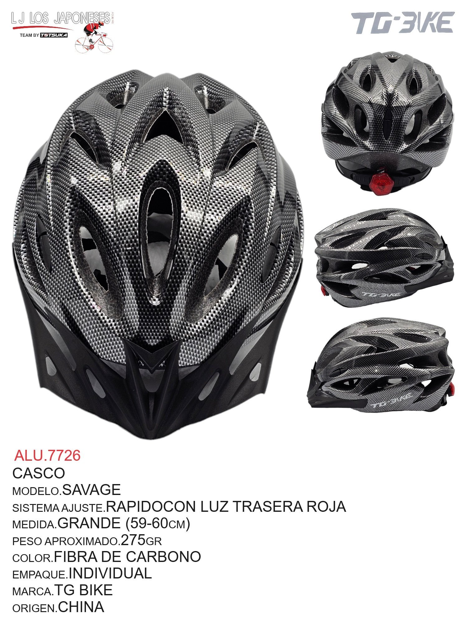 CASCO MTB MOD.SAVAGE CON VISOR AJUSTE Y LUZ TG BIKE FIBRA CARBON ...