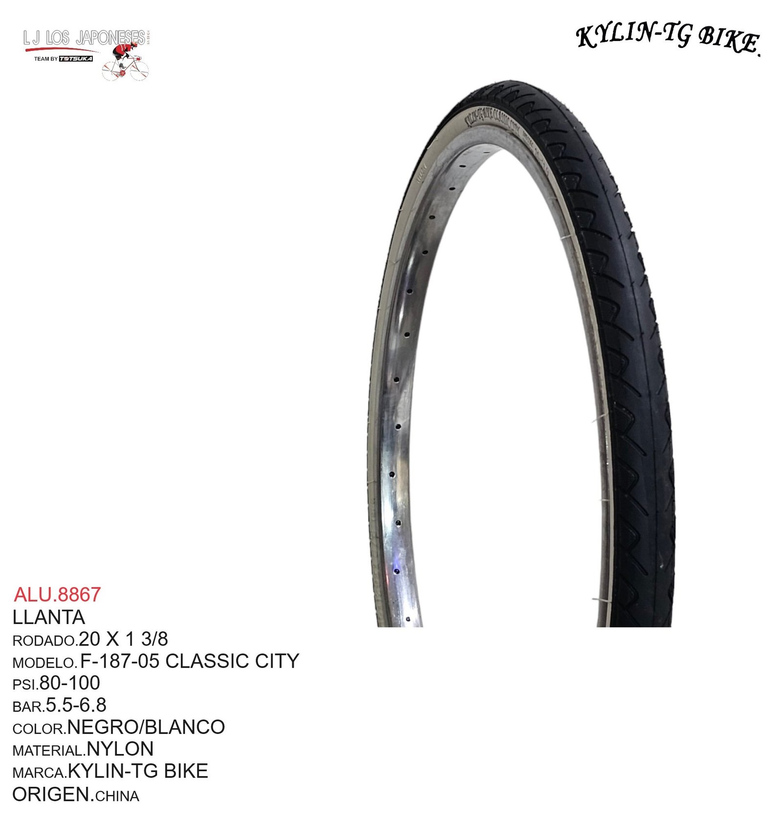 LLANTA 20X1 3/8 NEGRO/BLANCO F-187 KYLIN-TG BIKE - Bicicletas Los Japoneses