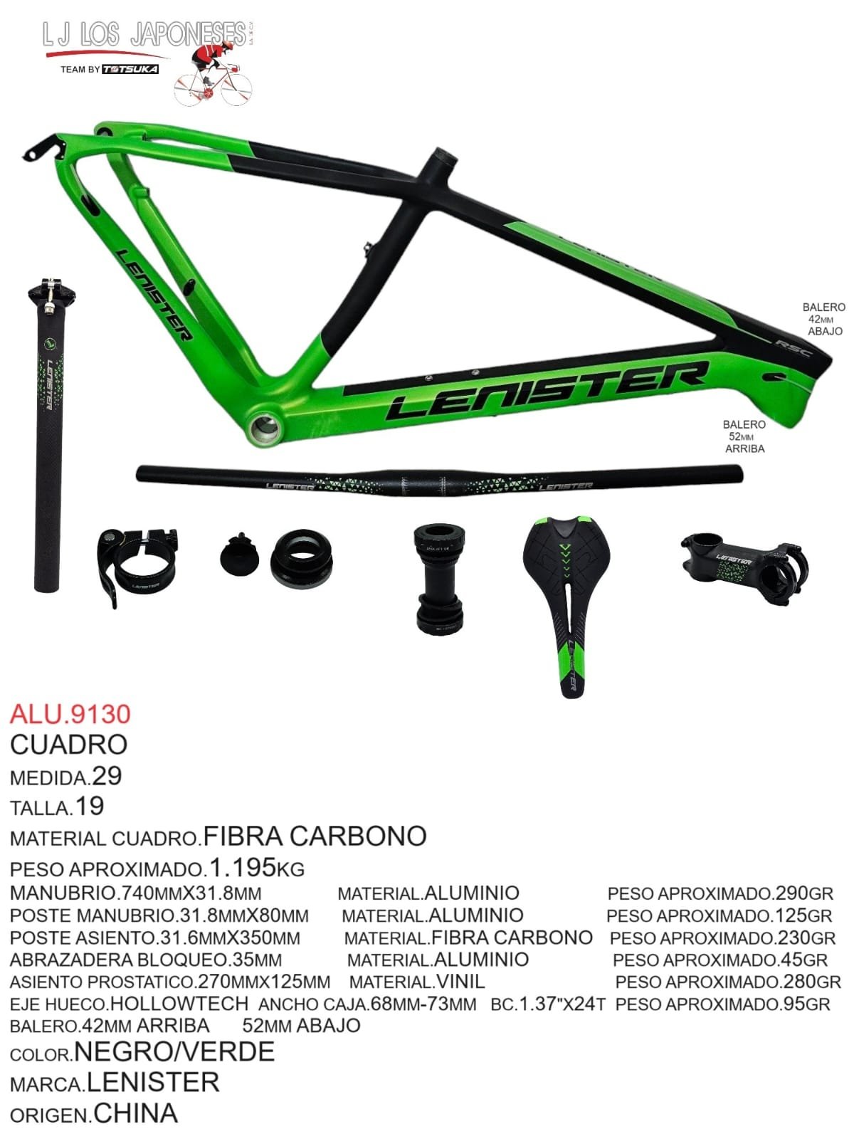 CUADRO 29 MARCA LENISTER FIBRA CARBON COLOR NEGRO/VERDE TALLA 19 ...